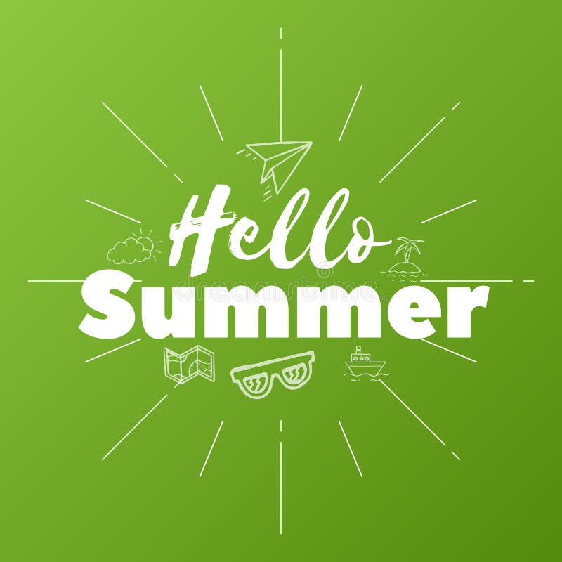 Hello Summer Text on Green Background, Doodle Objects, Vector ...