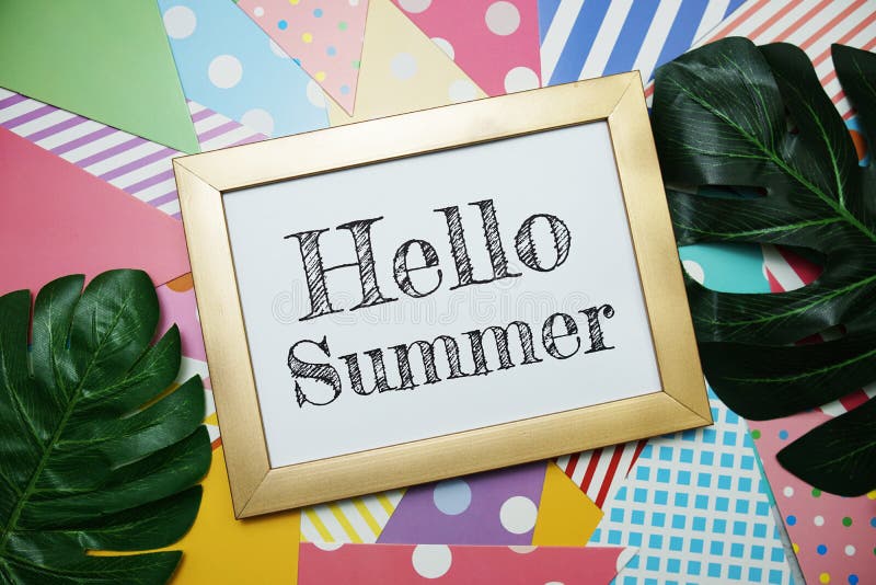 Hello Summer Text with Green Leave Decoration on Colorful Background ...