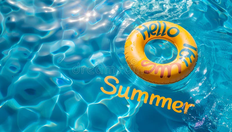 Hello Summer Text and Swimming Pool with Inflatable Ring, Topview Stock ...