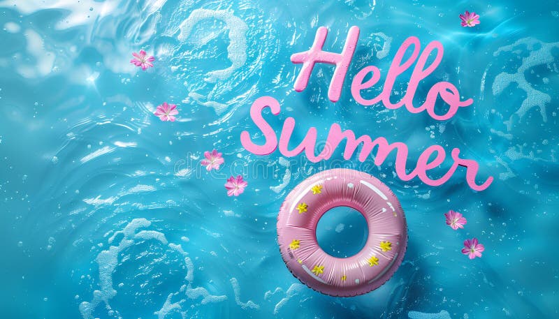 Hello Summer Text and Swimming Pool with Inflatable Ring, Topview Stock ...