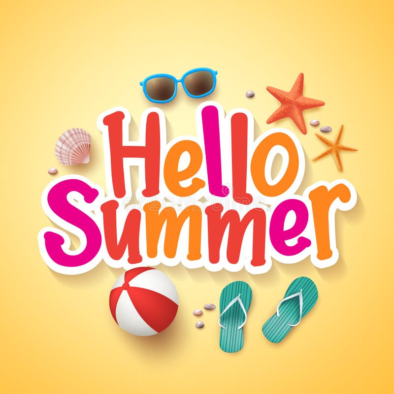 Hello Summer Text Title Poster Design with Realistic 3D Vector Elements ...