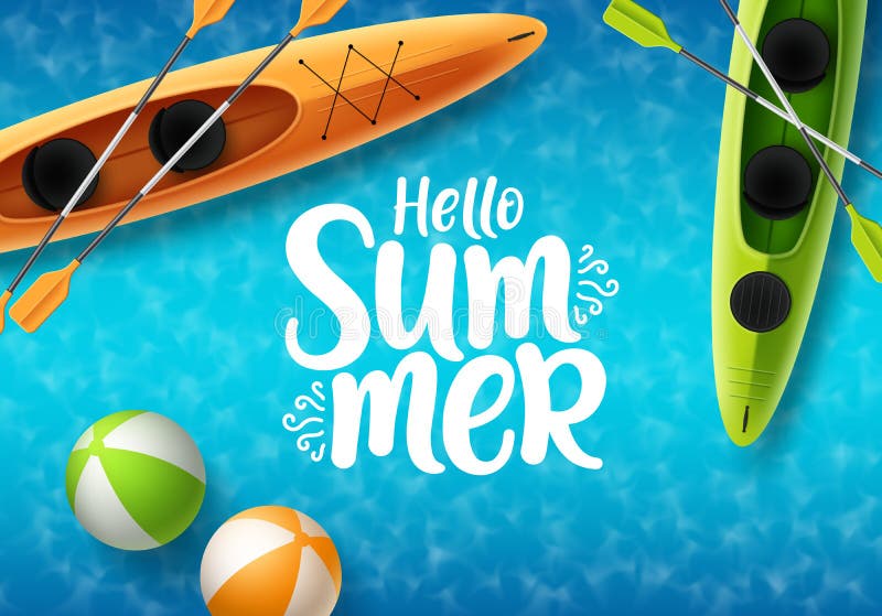 Hello Summer Vector Banner Design. Floating Kayak Boat with Beach Ball ...