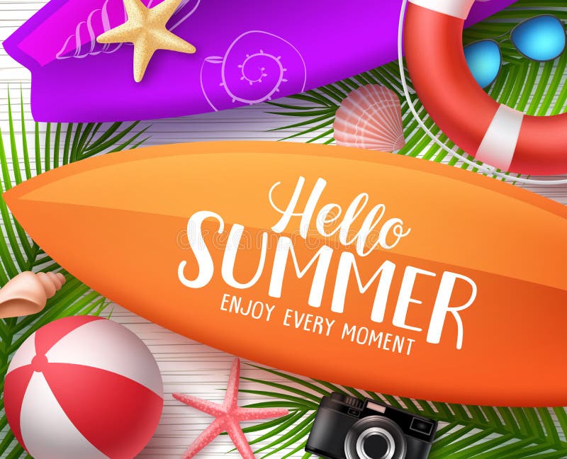 Hello Summer Vector Design Concept. Surfboard with Hello Summer Text ...