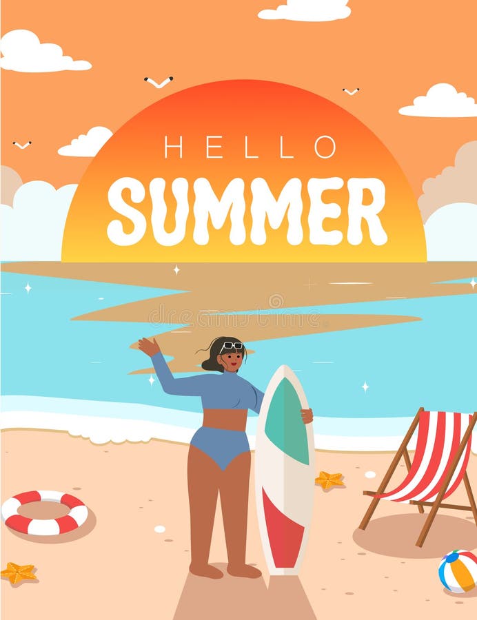 Hello Summer Woman With Surfboard On The Beach Summer Activity