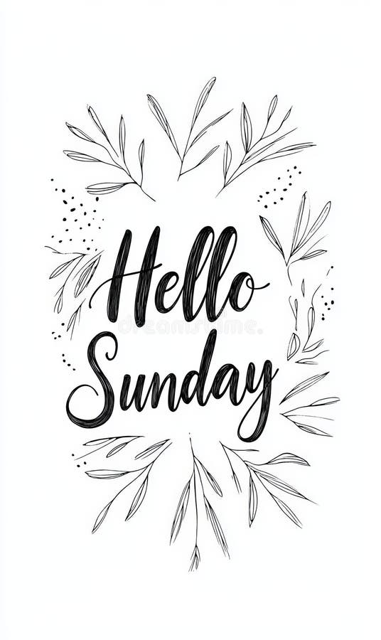 Hello Sunday Text with Floral Elements, Black on White Background ...