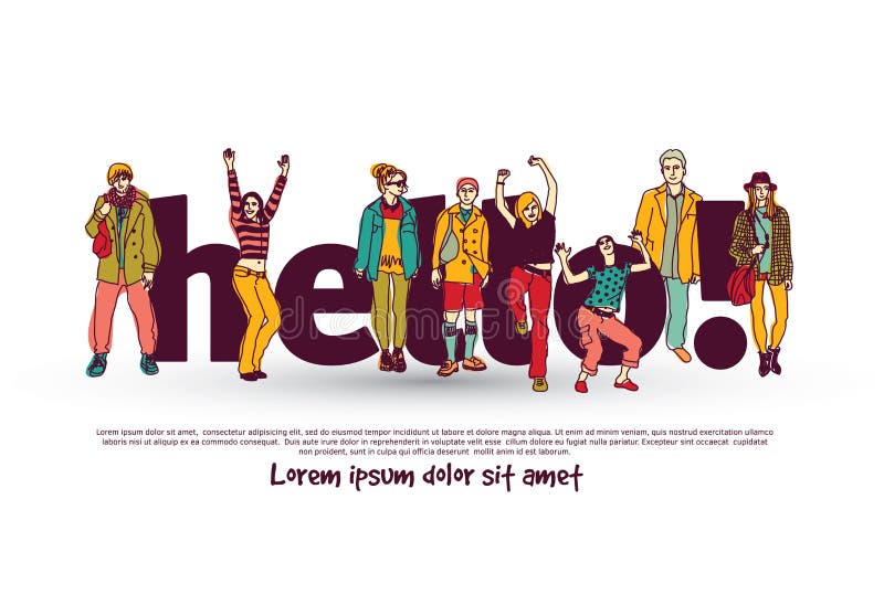 Hello Team Group People Isolate and Sign. Stock Vector - Illustration ...