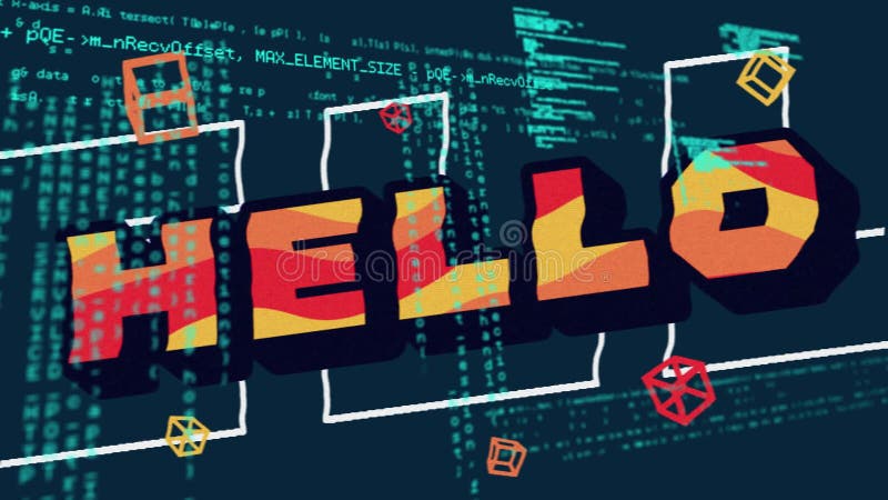 HELLO Text in Animation with Geometric Shapes Over Computer Code ...
