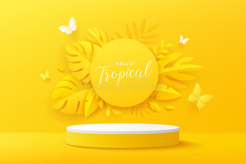 Hello Tropical Yellow Leaf Paper Cut Shape and Butterfly, Yellow Paper ...