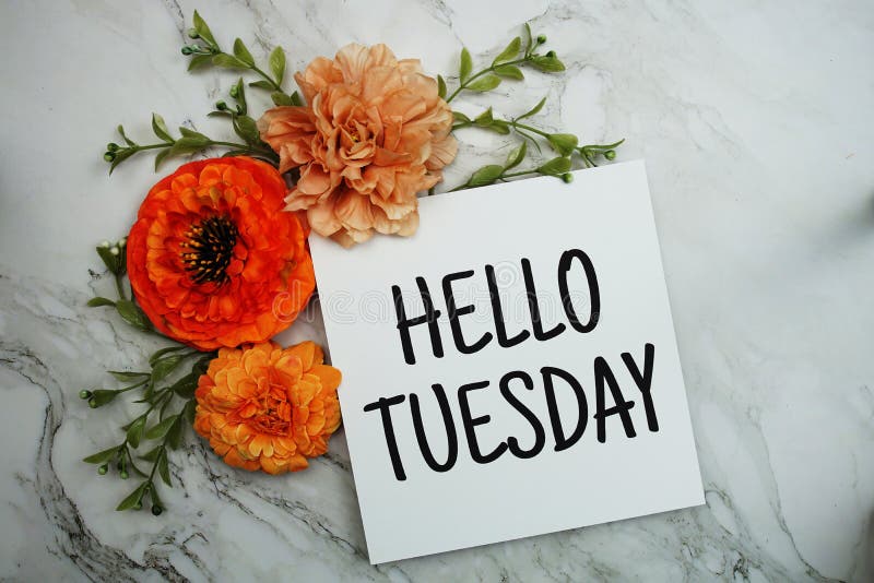 Hello Tuesday Text with Orange Flower Bouquet on Marble Background ...