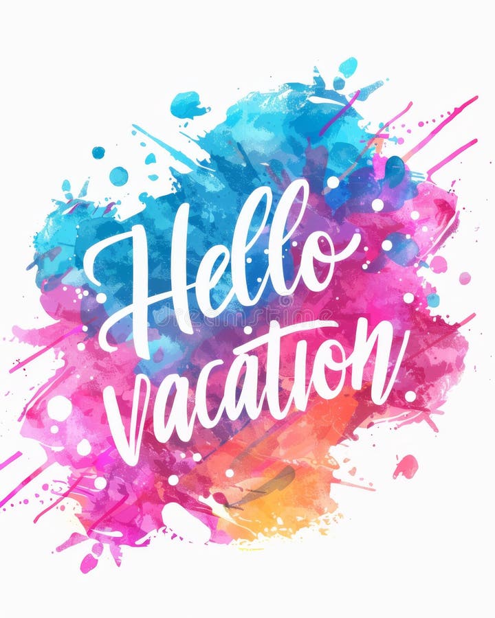 Hello Vacation - Modern Calligraphy Lettering on Watercolor Splash ...