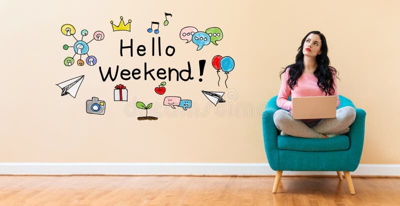 Hello Weekend with Woman Using a Laptop Stock Image - Image of laptop ...