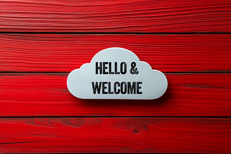 Hello and Welcome Message Written on White Cloud Shape on Red Wooden ...