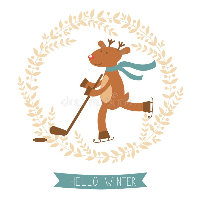 Hello Winter Card with Cute Deer Boy Ice Skating Stock Vector ...