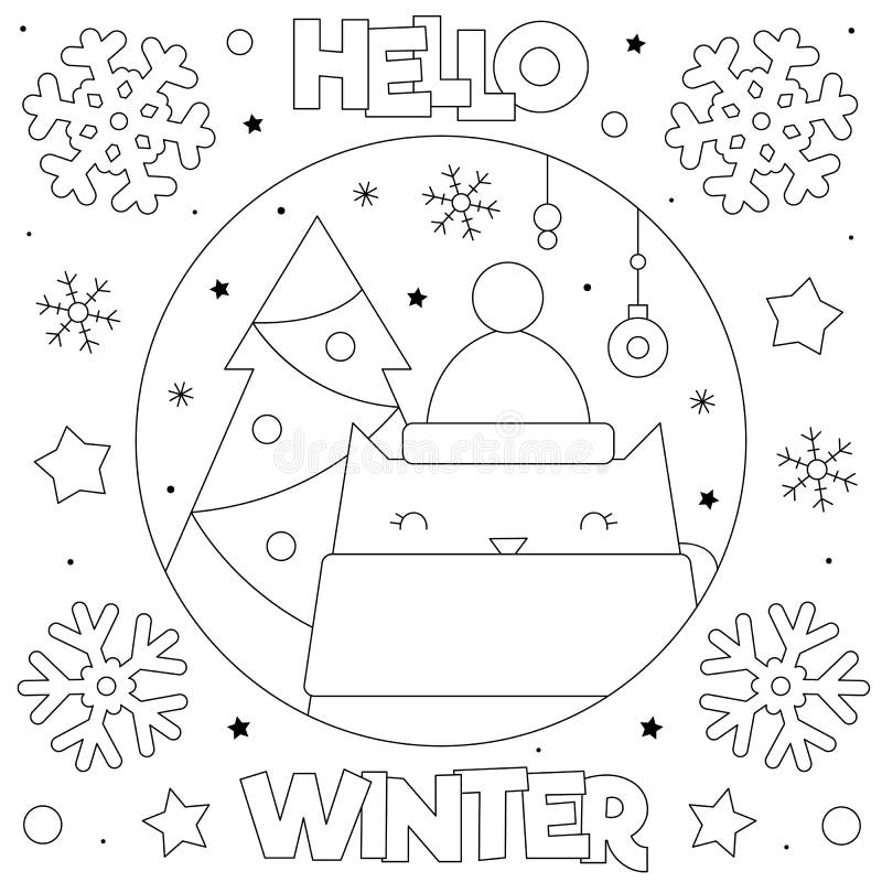 Hello Winter. Coloring Page. Black and White Vector Illustration. Stock ...