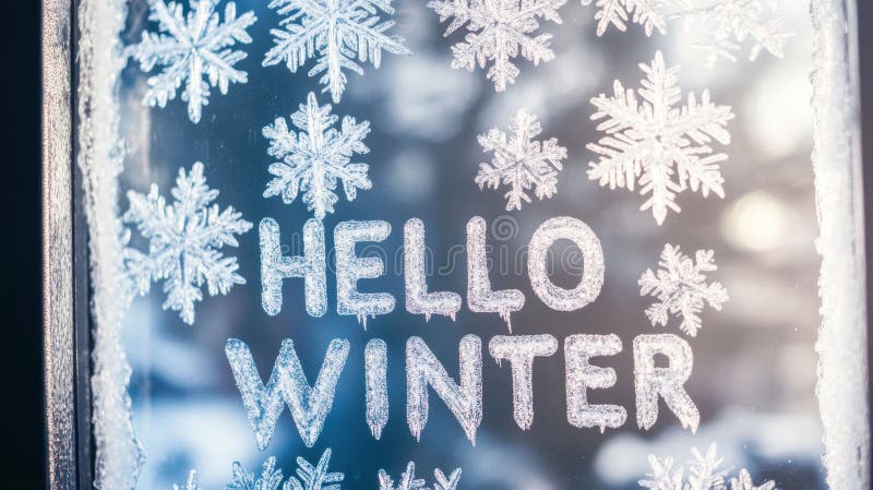 Hello Winter: Frosty Snowflakes on Windowpane Greeting Stock Photo ...