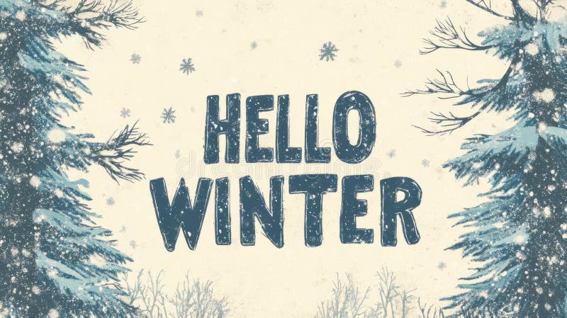Hello Winter Greeting with Snowy Pine Trees Background Stock Image ...