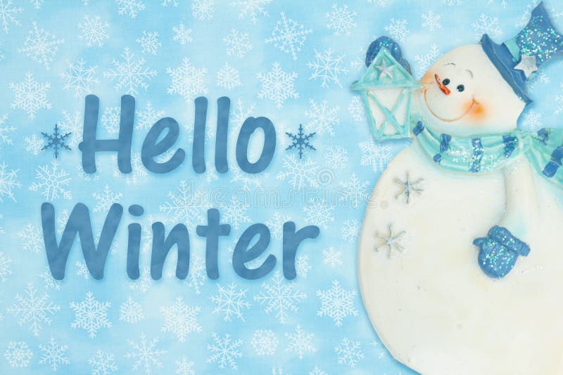 Hello Winter Message with a Snowman and Snowflakes Stock Photo - Image ...