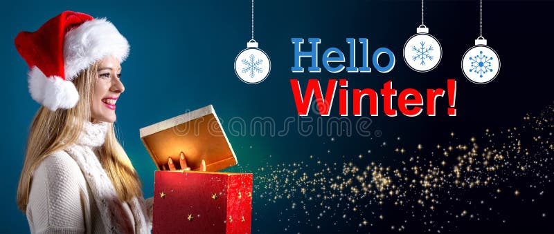 Hello Winter Message with Woman Opening a Gift Box Stock Photo - Image ...