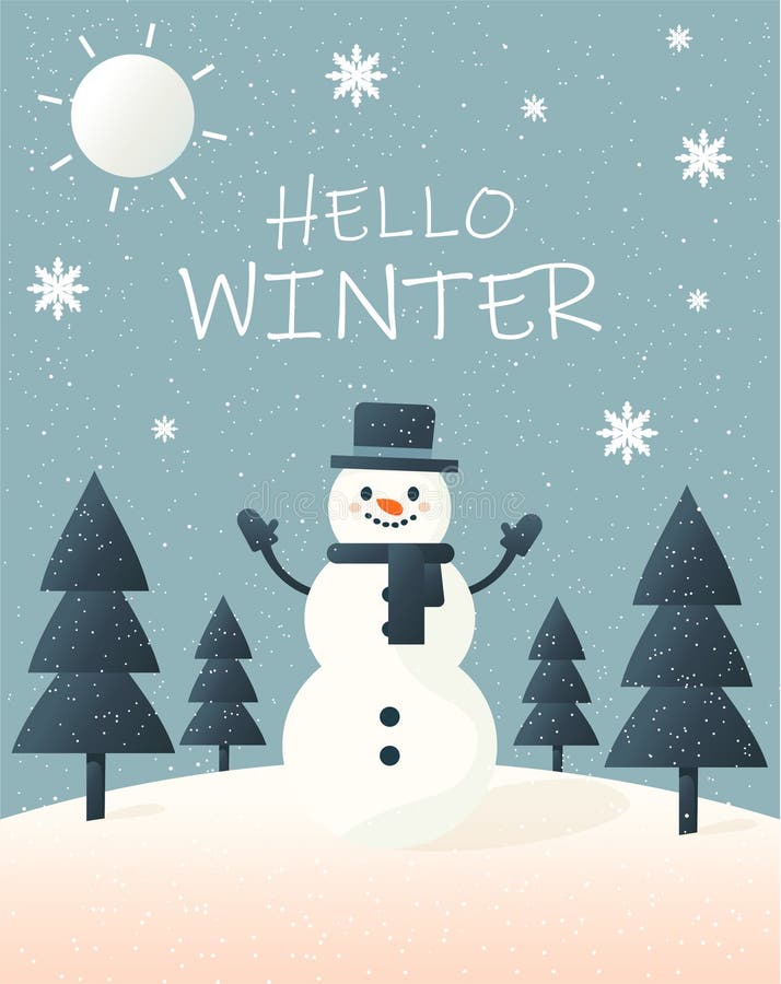Hello Winter Postcard Design with Snowman Stock Vector - Illustration ...