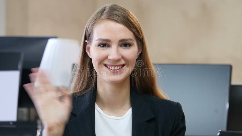 Hi, Hello, Woman Waving Hand, Welcome , Portrait on White Background ...
