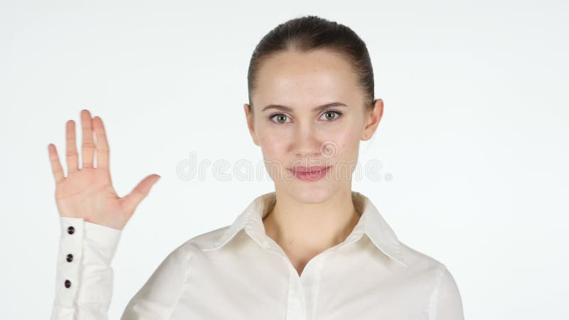 Hi, Hello, Woman Waving Hand, Welcome, Portrait on White Background ...