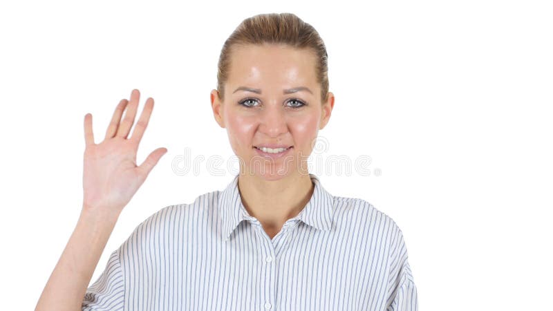 Hi, Hello, Woman Waving Hand, Welcome , Portrait on White Background ...