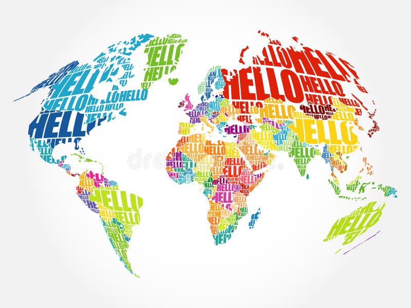 HELLO Word Cloud World Map stock illustration. Illustration of globe ...