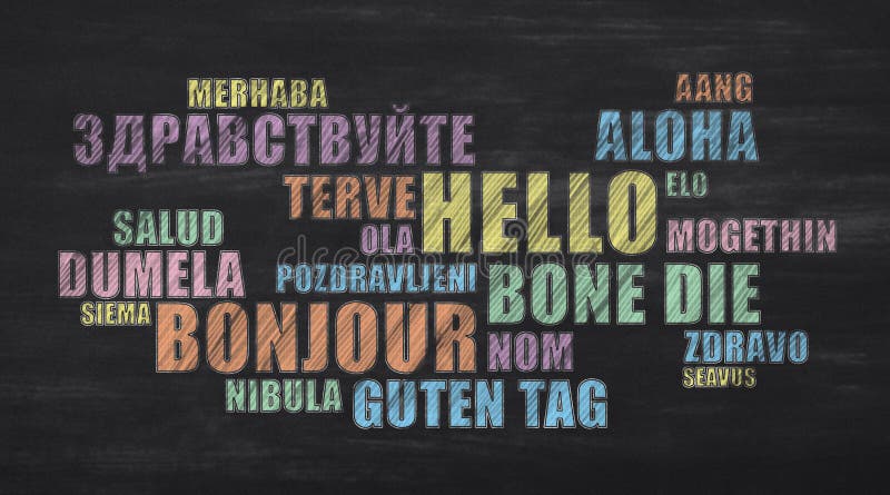 Hello Word in Different Languages on Black Chalkboard, Panorama Stock ...