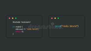 Hello World In C And Python Comparison Code Of Programming Language Stock Illustration 