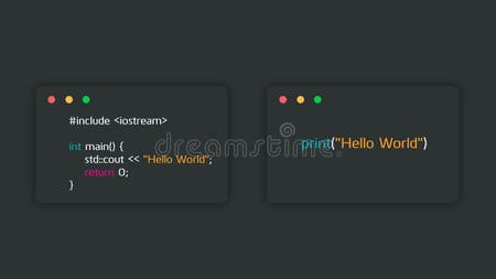 Hello World in C++ and Python. Comparison Code of Programming Language Stock Illustration ...