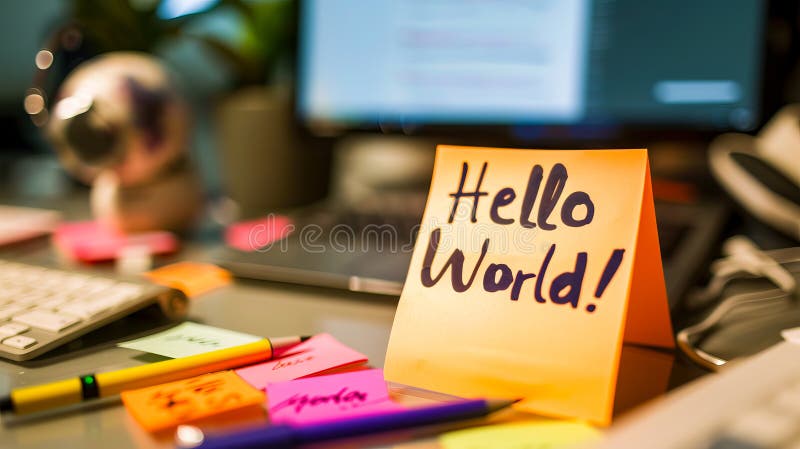 Hello World on a Desk with a Computer Stock Image - Image of ...