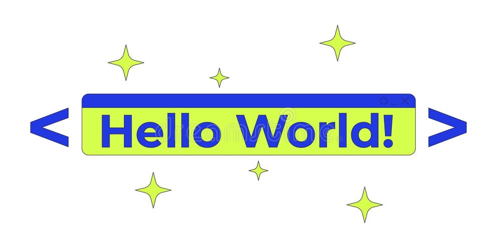 Hello World Text Coding Banner in Sparkles and Code Brackets 2D Cartoon Object Stock ...