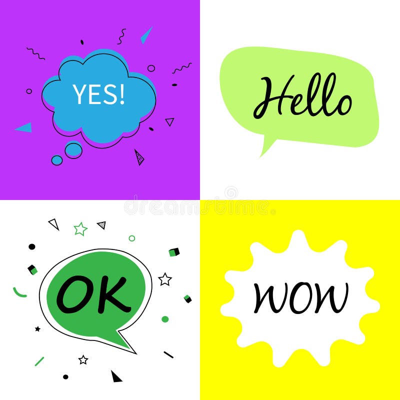 Hello Wow Ok Yes, Speech Bubbles with Dialog Words Vector Bubbles ...