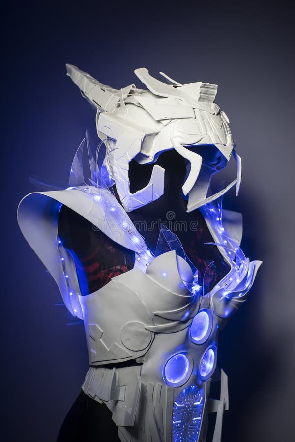 Helmet, Bionic Armor with Blue LED Lights and Plastic Materials Stock ...