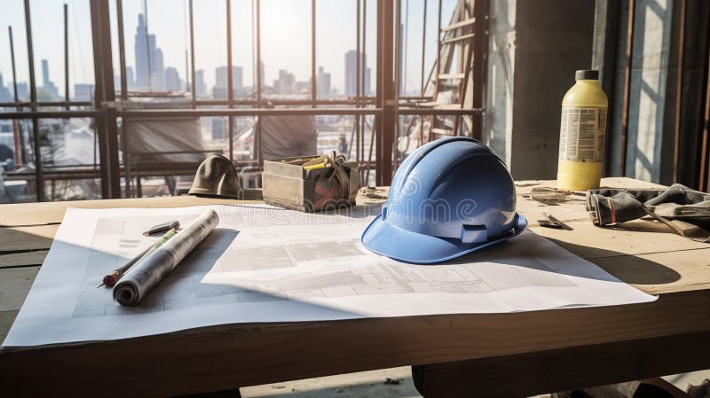 Helmet, Blueprint and Tools on a Desk in a Construction Site. Drawing ...
