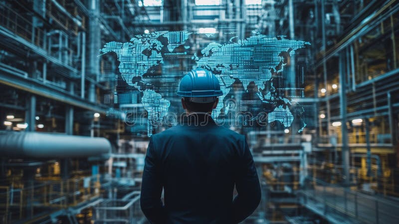 A Helmet-clad Industrial Worker Stands before a World Map, Which ...