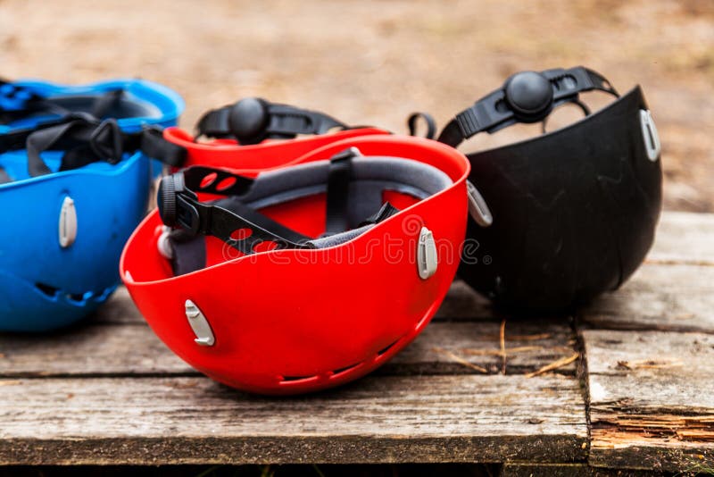 Helmet for Climbing Safety and Rope Town Stock Photo - Image of helmet ...