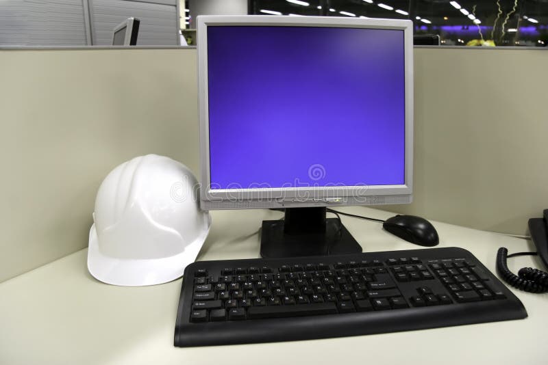 Helmet and Computer at Office Stock Image - Image of laptop, desk: 4402959