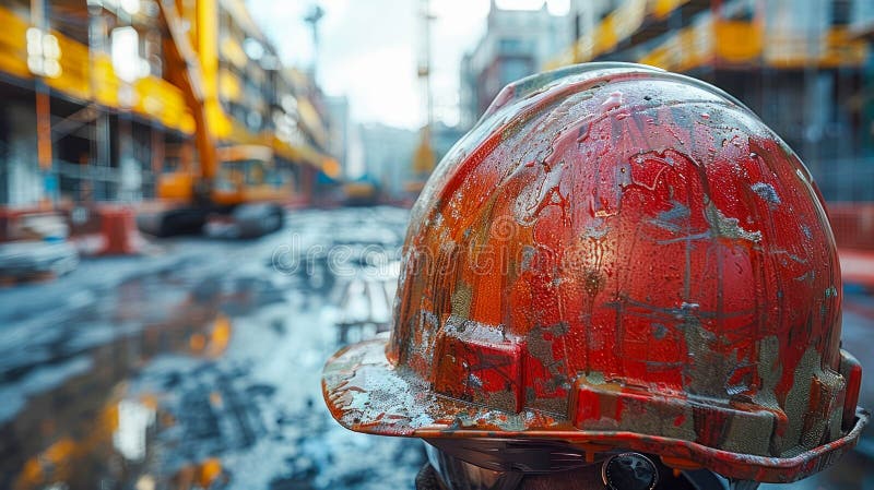 Helmet of a Construction Worker in the Rain, Close-up Stock ...