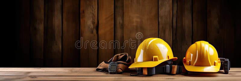 A Helmet of Construction Worker Tools on Brown Wooden Background with ...