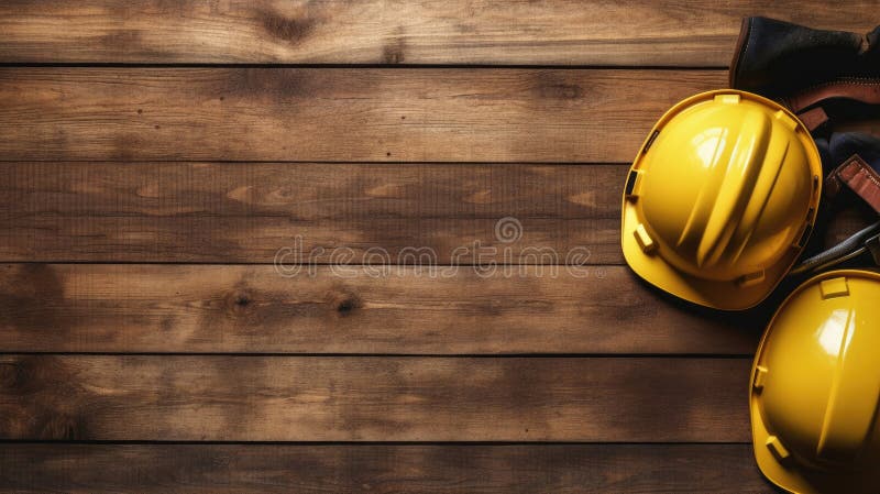 A Helmet of Construction Worker Tools on Brown Wooden Background with ...