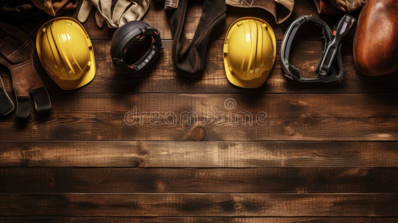 A Helmet of Construction Worker Tools on Brown Wooden Background with ...