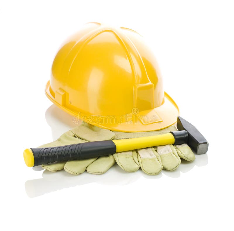 Helmet and Hammer on Gloves Stock Image - Image of measuring ...