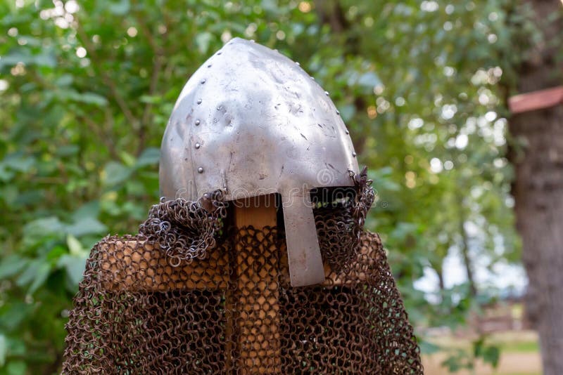 Helmet and Old Rusty Chain Mail Ammunition of a Medieval Warrior Stock ...