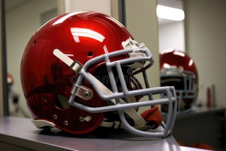 Helmet with Reflection in Locker Room Mirror Stock Image - Image of ...
