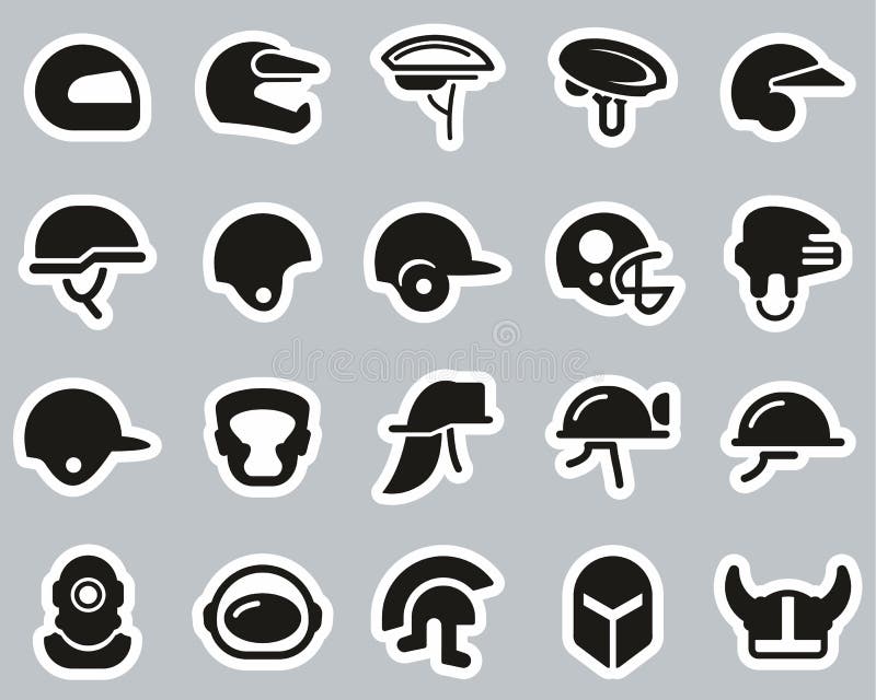 Helmet or Safety Helmet Icons Black & White Sticker Set Big Stock ...