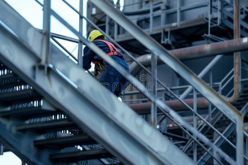 Helmetclad Worker Climbing Metal Stairs in Refinery Structure Stock ...