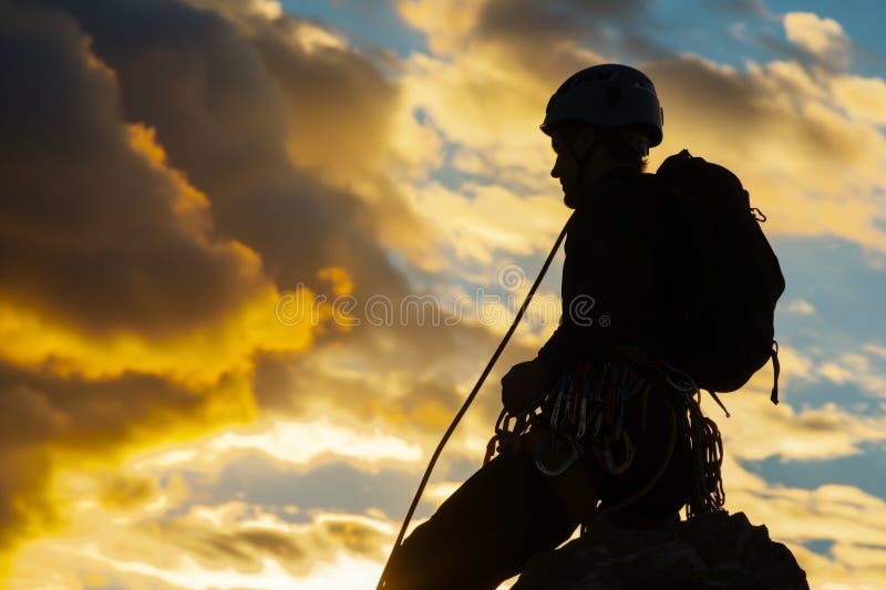 Helmeted Climber Silhouetted Against Golden Sunset Clouds Stock ...