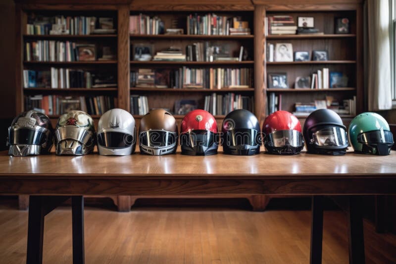 Helmets Arranged in a Row on a Table Stock Illustration - Illustration ...