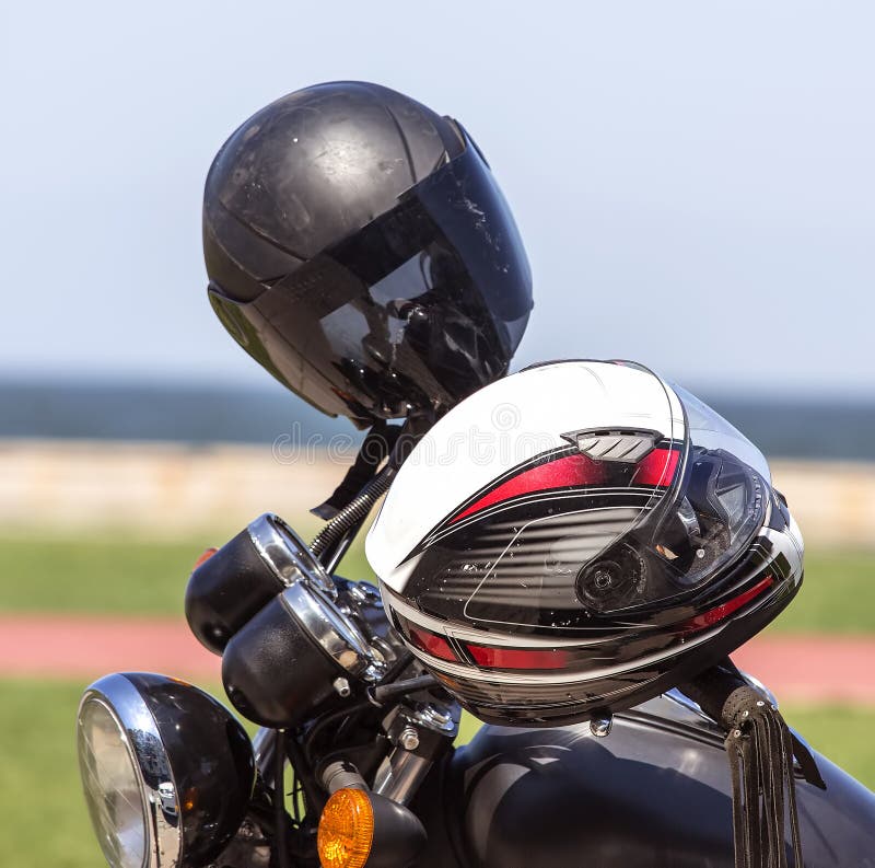Crash Helmets on a Motorbike Stock Image - Image of helmets, hanging ...
